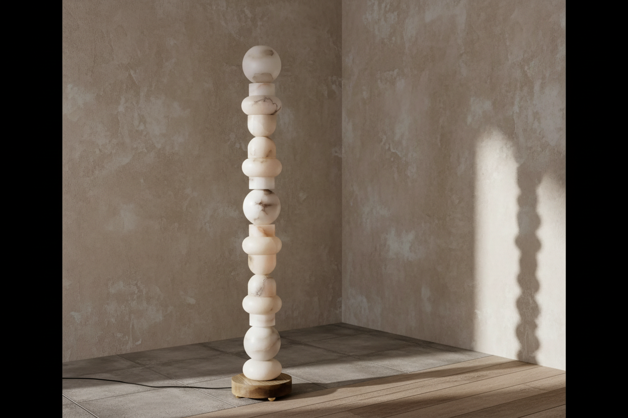 Solid Alabaster Totem Floor Lamp | Organic Sculptural Design | Hand-Carved Natural Stone Column ...