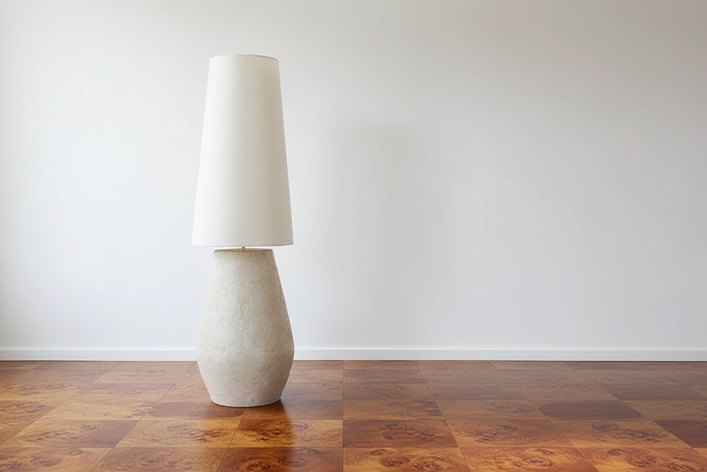 Plaster Floor Lamp Vessel Base Tapered Linen Shade Organic Modern 150cm